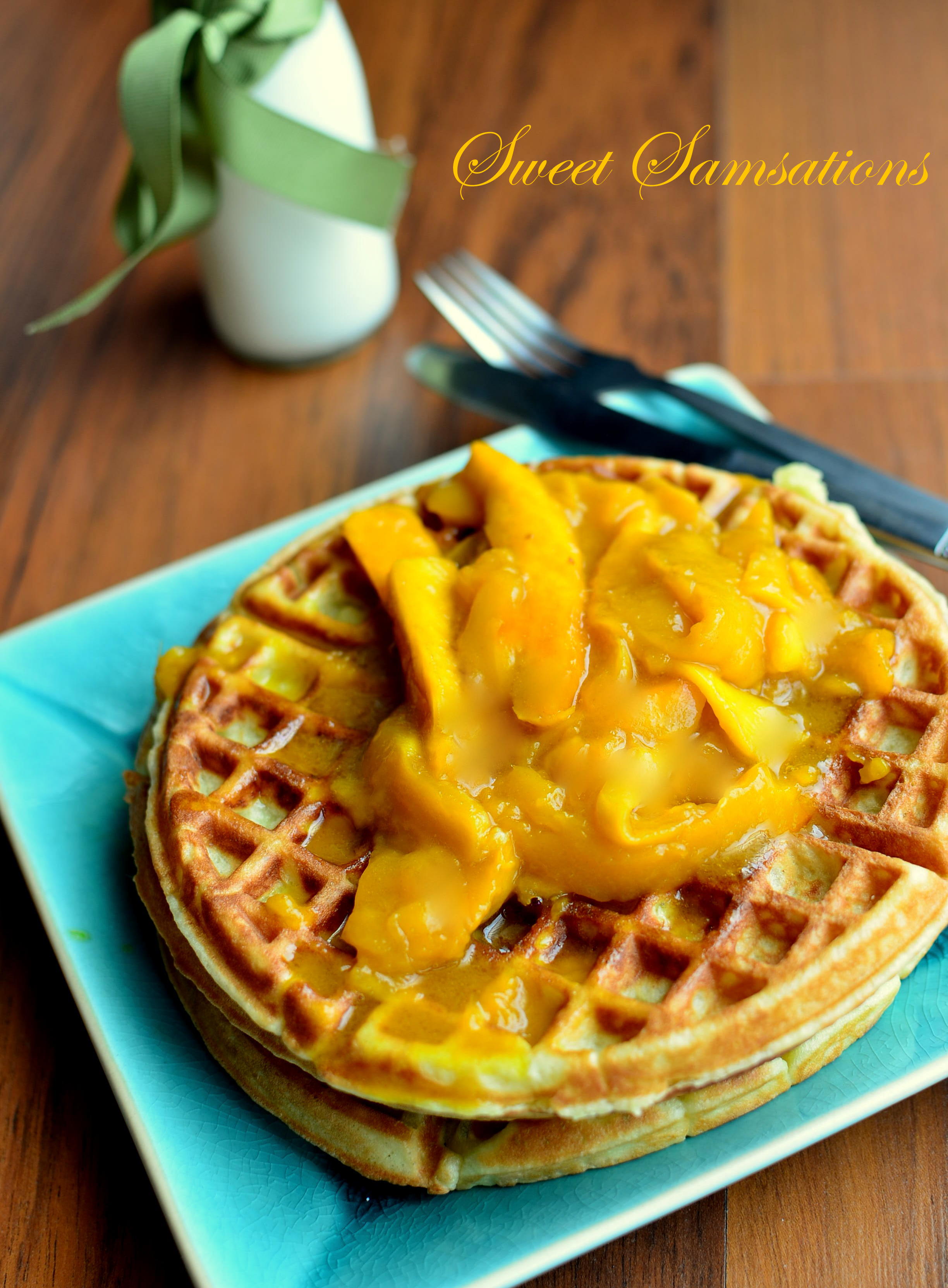 Coconut Waffles with Mango Syrup – Sweet Samsations
